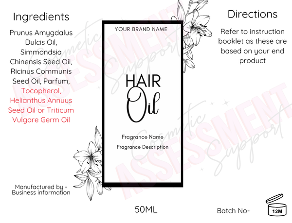 Black & White Flowers Hair Oil Digital Labels – Cosmetic Assessment Support